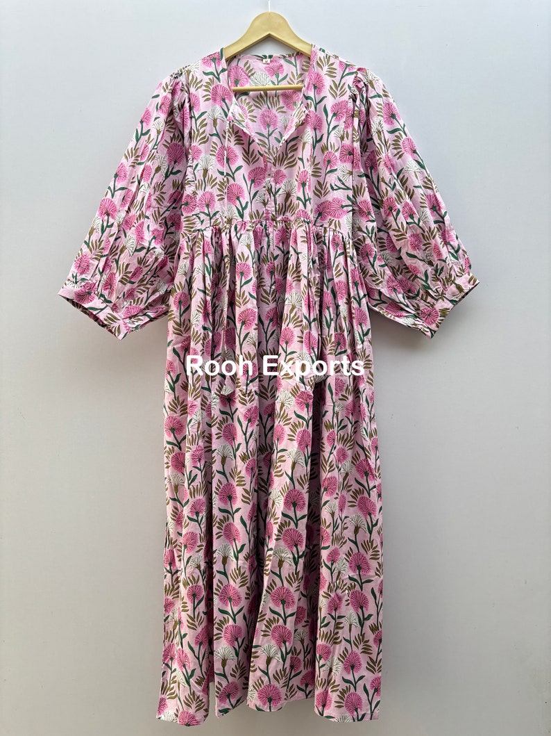 Pink Floral Block Print Kyra Midi Dress, Cotton Dress for Woman ...