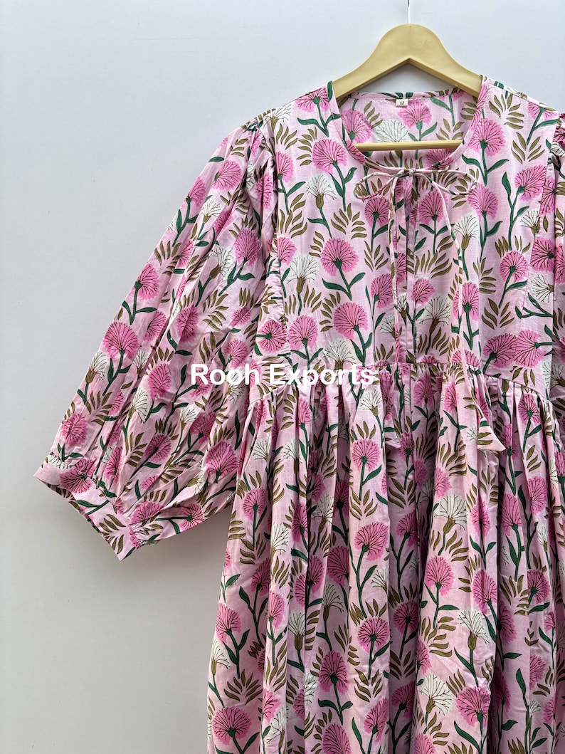 Pink Floral Block Print Kyra Midi Dress, Cotton Dress for Woman ...