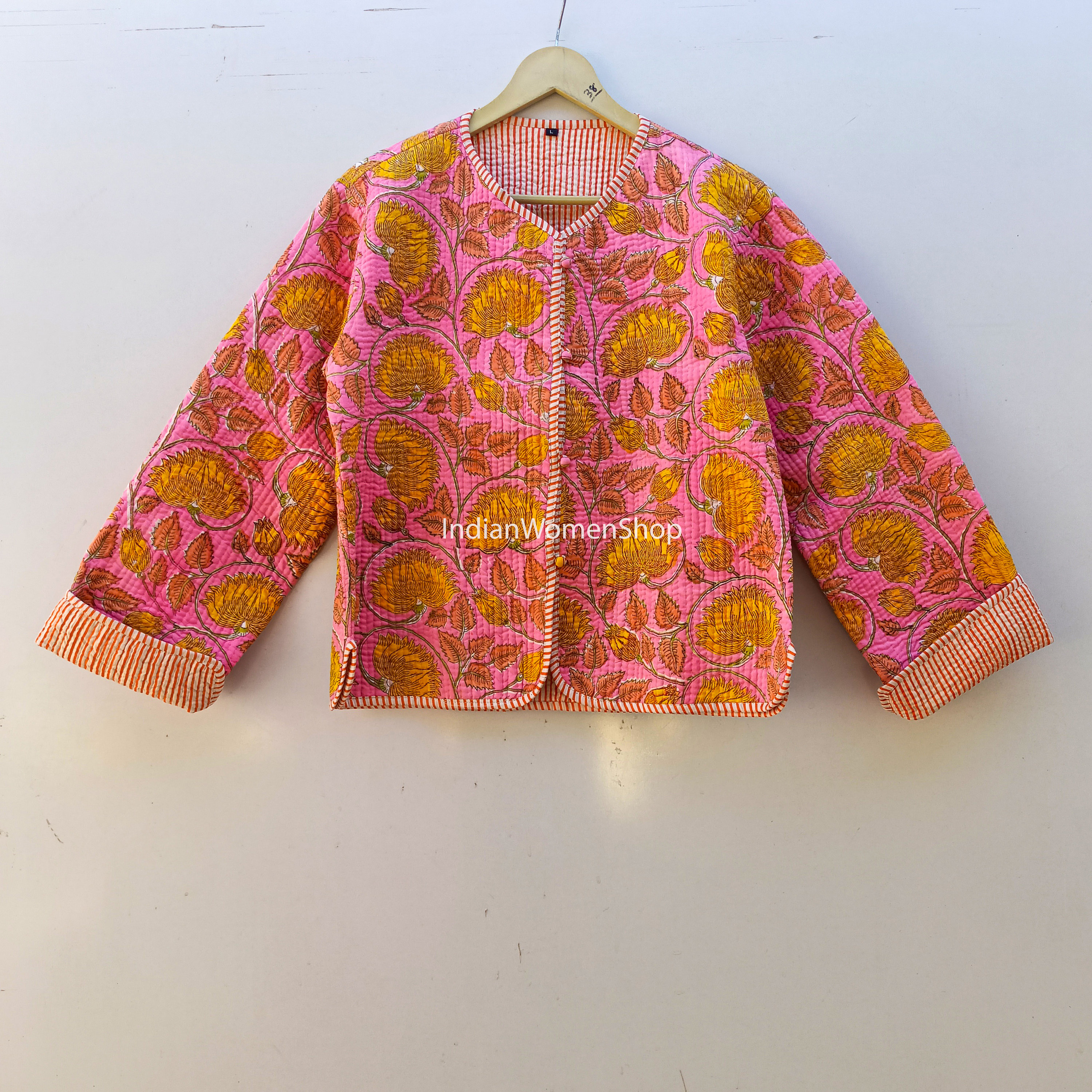 Pink Floral Block Print Quilted Jacket Short Kimono Womens Wear Cotton Coat Flower Printed ...