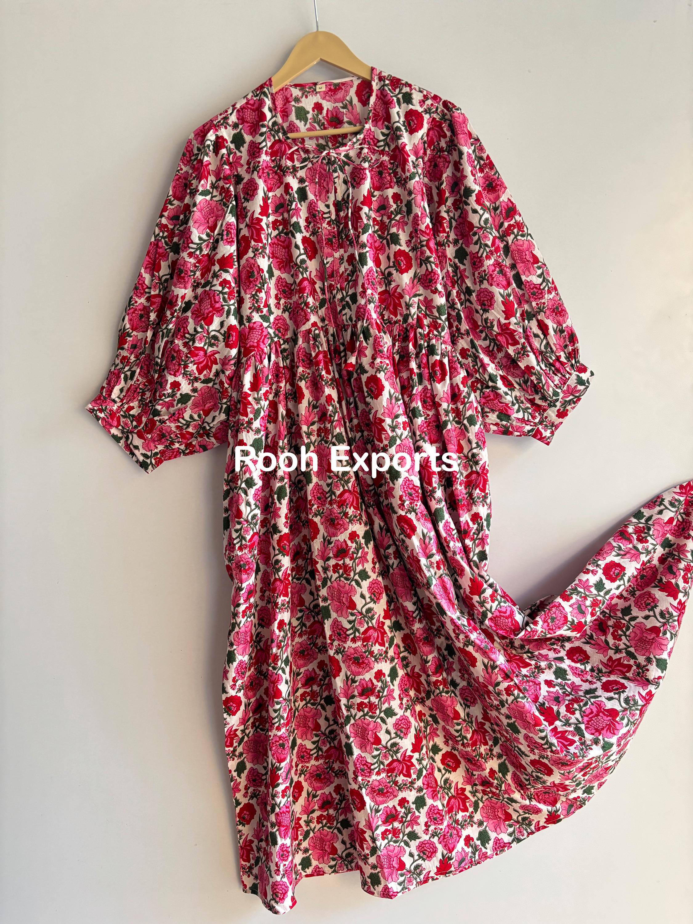 Pink Floral Block Print Kyra Midi Dress | Bohemian Cotton Dress ...