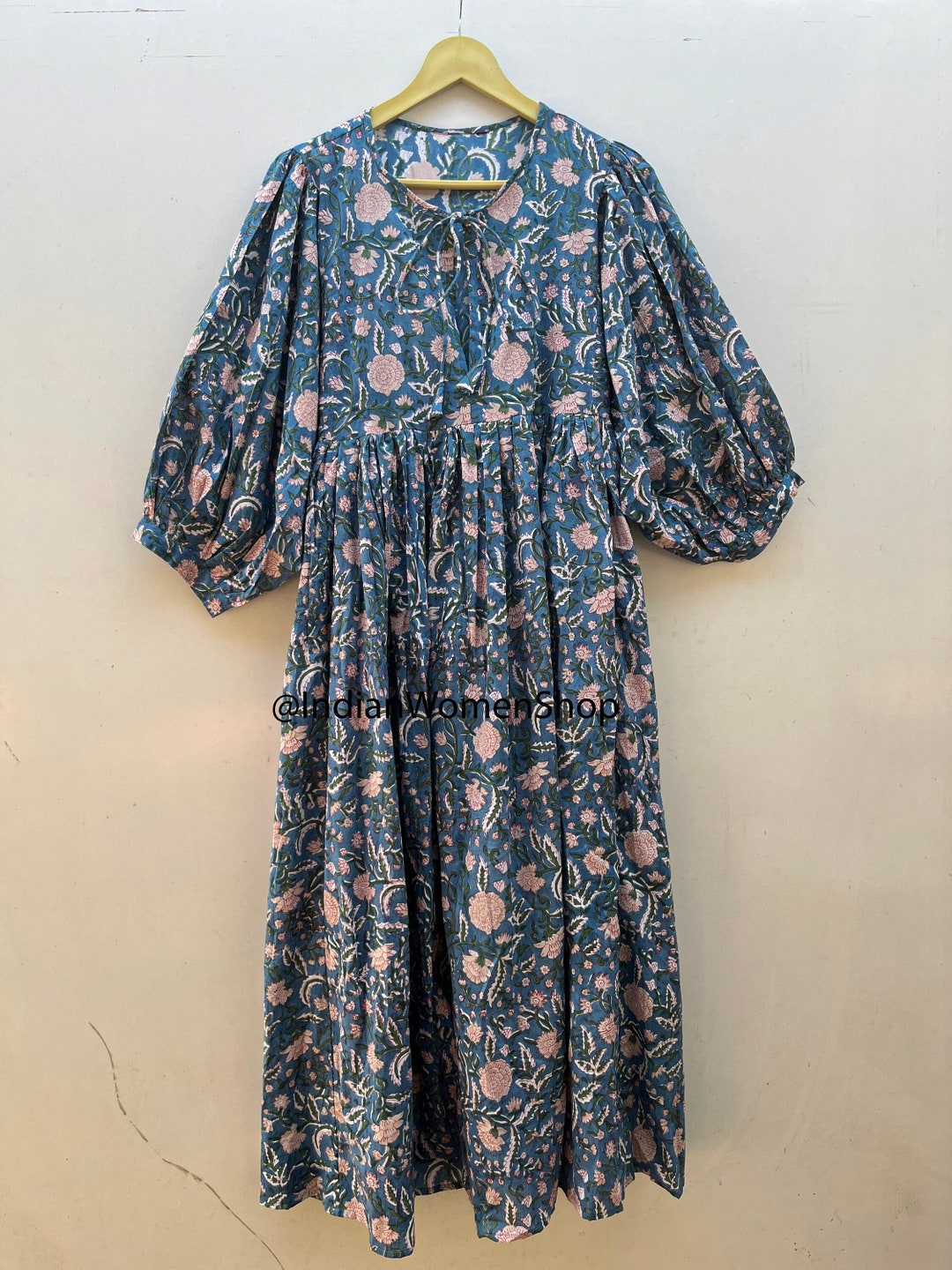 Blue Floral Hand Block Print Cotton Dress for Women Midi Dress, Mini ...