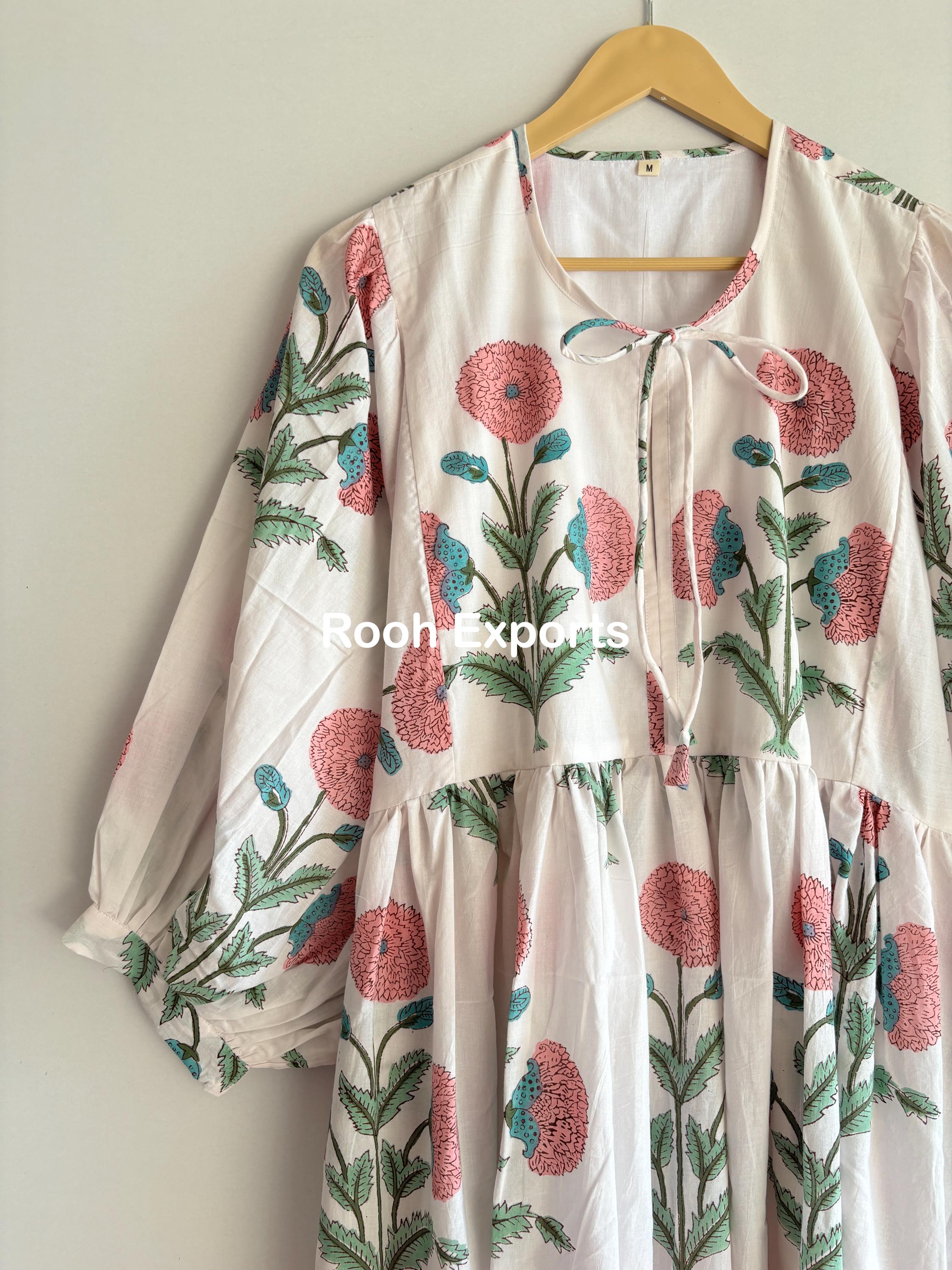 Pink Floral Hand Block Print Kyra Midi Dress | Bohemian Cotton Dress ...