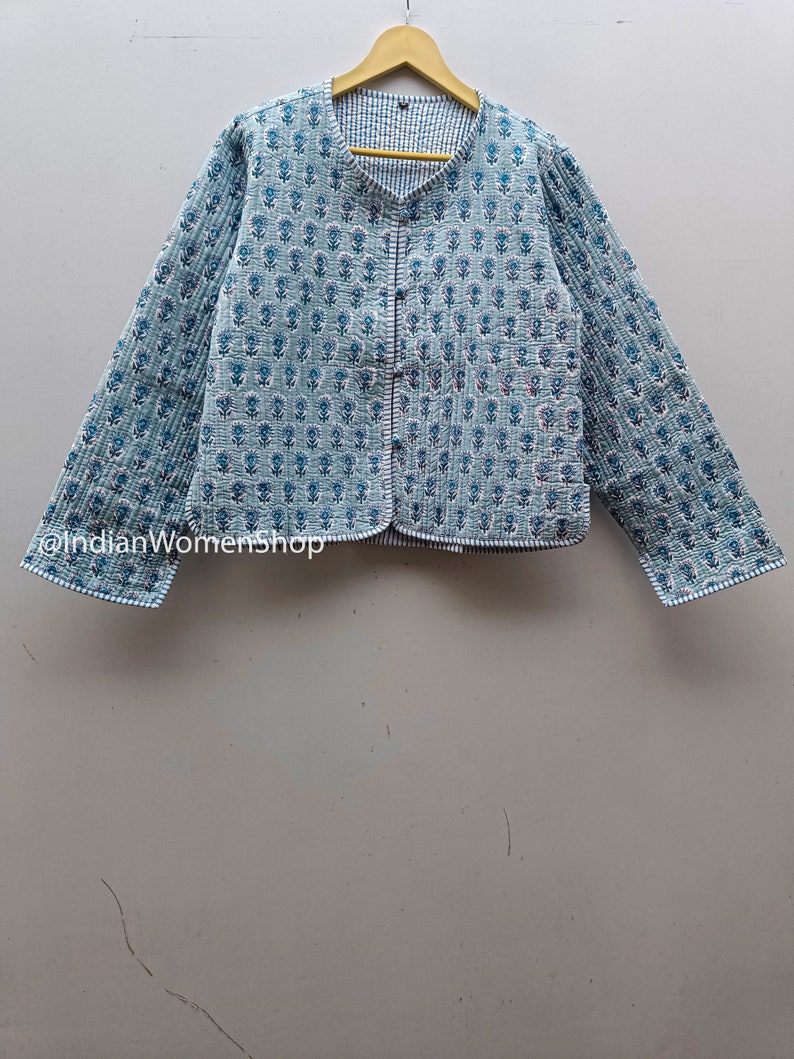 Sky Blue Floral Block Print Fabric Quilted Jacket Short Kimono Kantha ...
