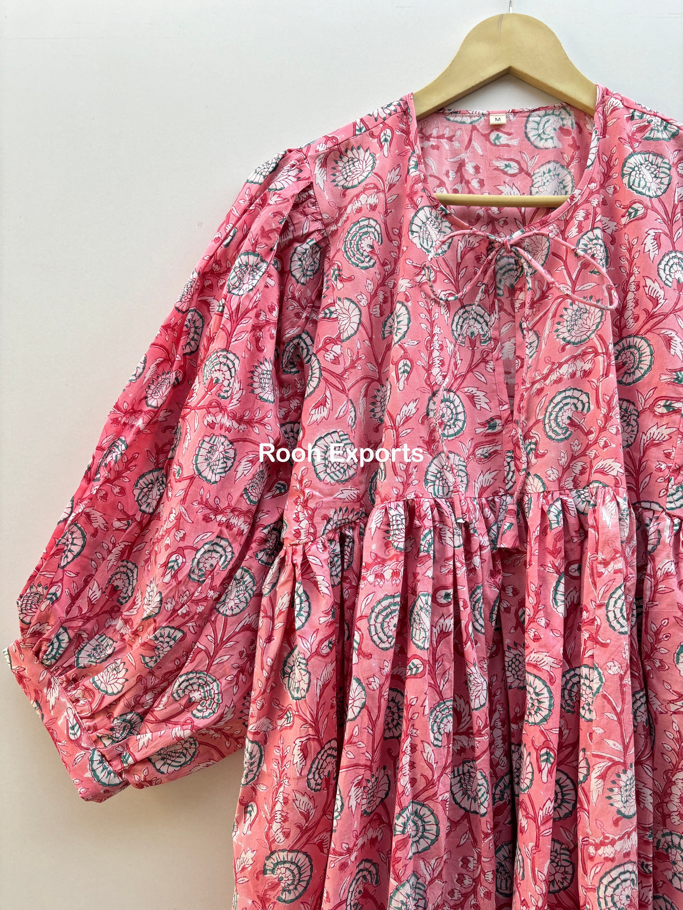 Pink Floral Block Print Kyra Midi Dress, Mini Dress, Soft Cotton Summer ...