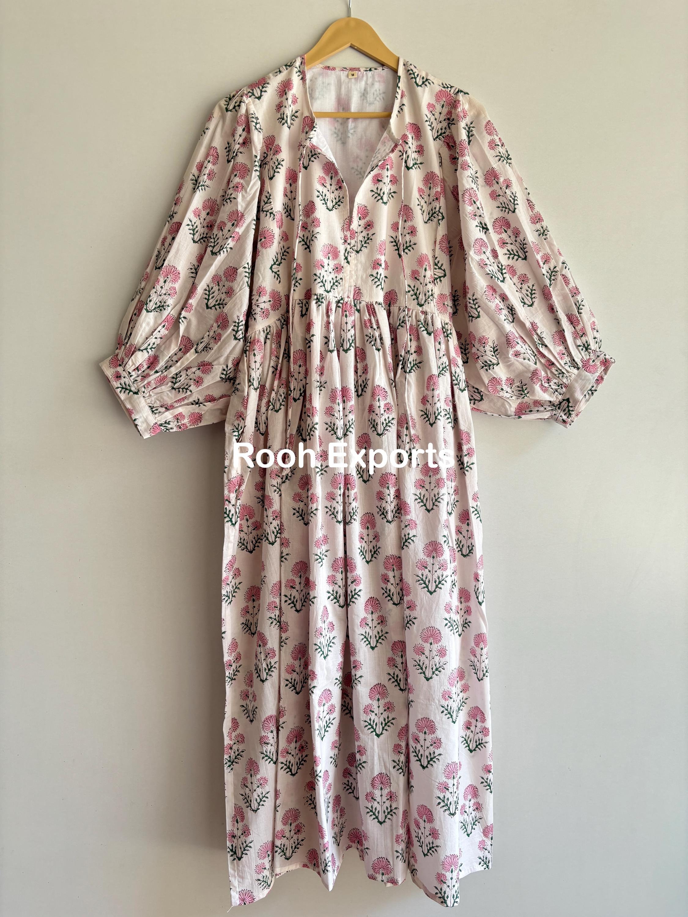 Pink Floral Hand Block Print Kyra Midi Dress | Bohemian Cotton Dress ...