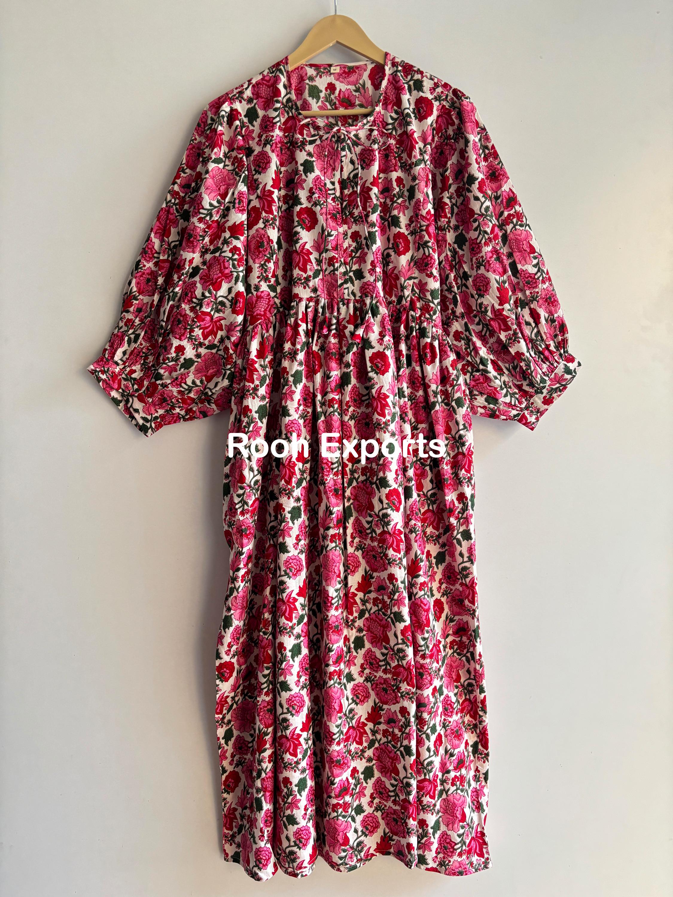 Pink Floral Block Print Kyra Midi Dress | Bohemian Cotton Dress ...