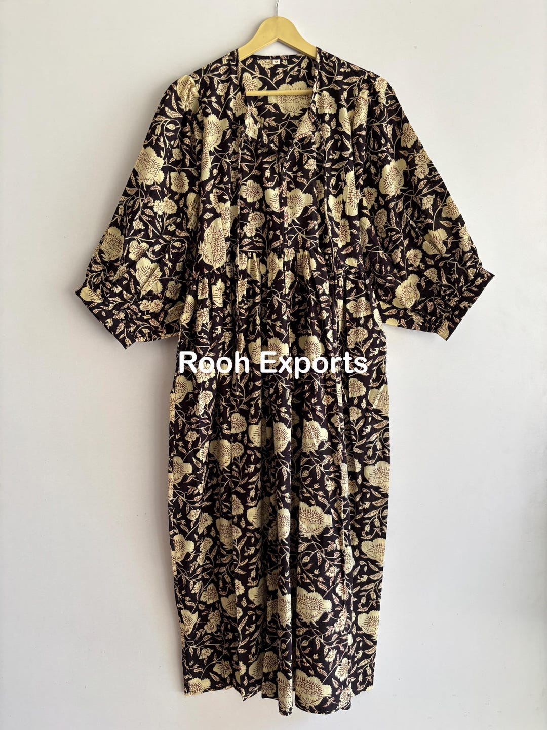 Black Floral Hand Block Print Kyra Midi Dress | Bohemian Cotton Dress ...