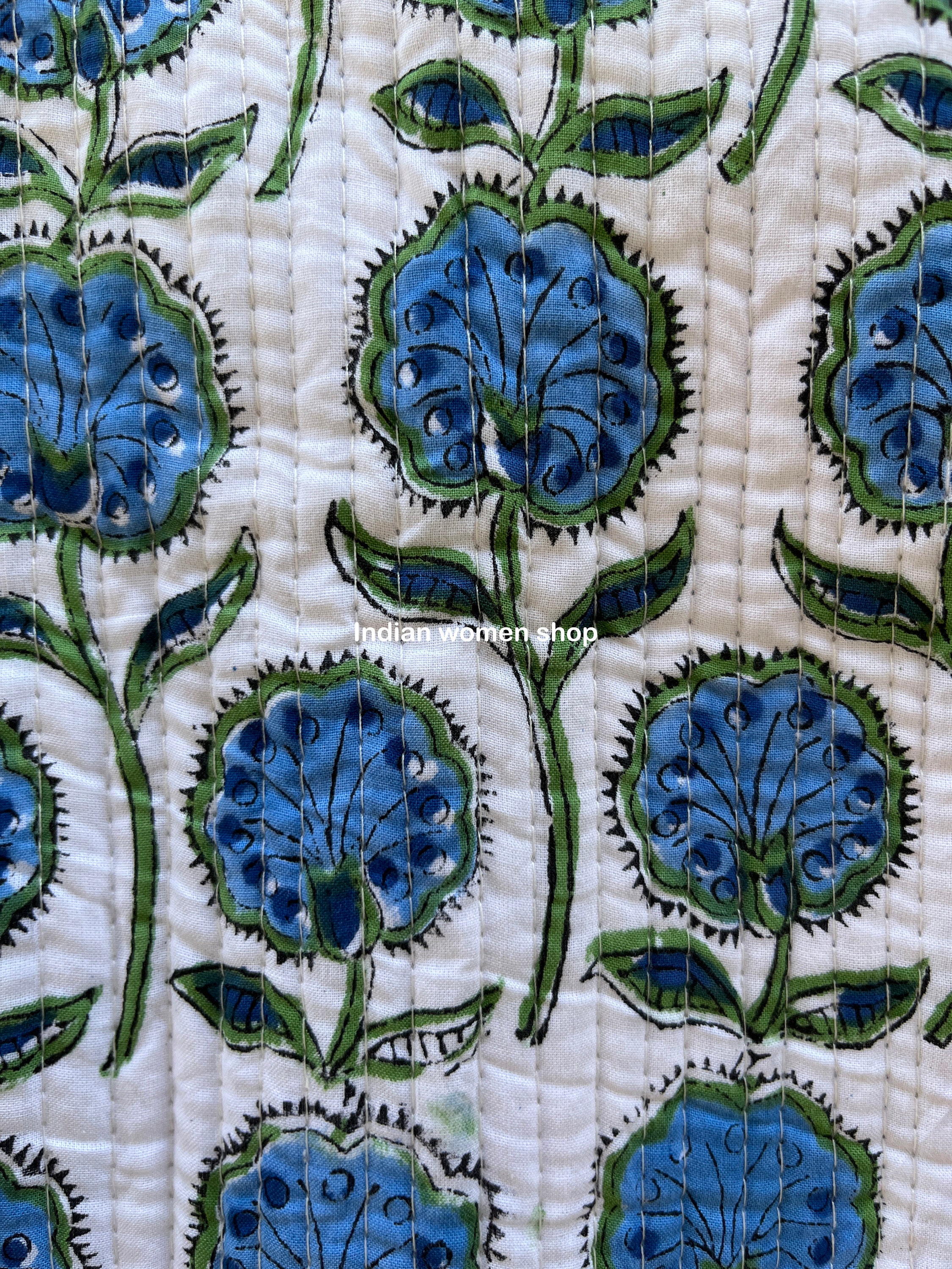 Blue Floral Block Print Quilted Jacket Short Kimono Kantha Short Jacket ...