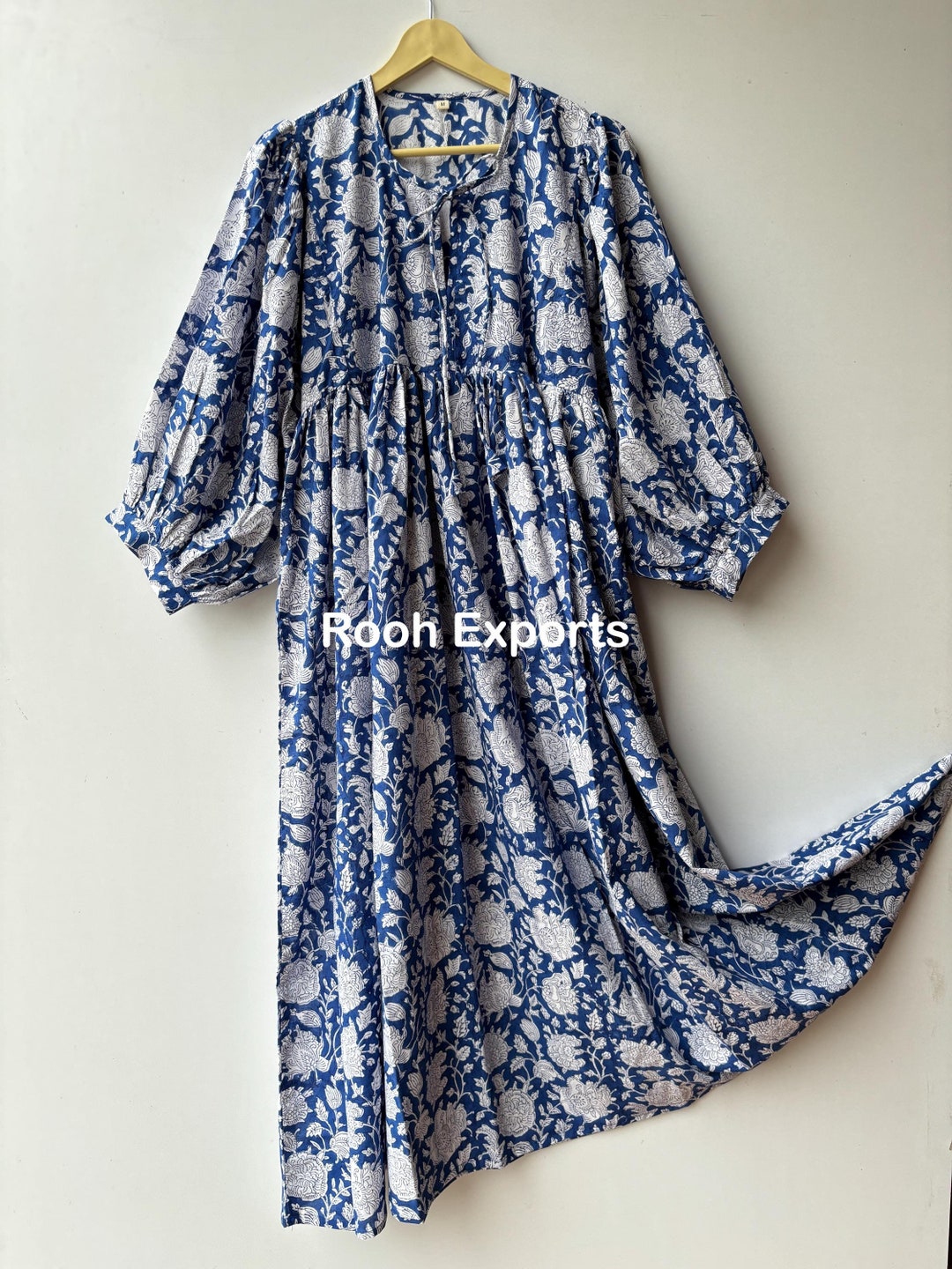 Blue Floral Hand Block Print Midi Dress | Bohemian Cotton Dress ...