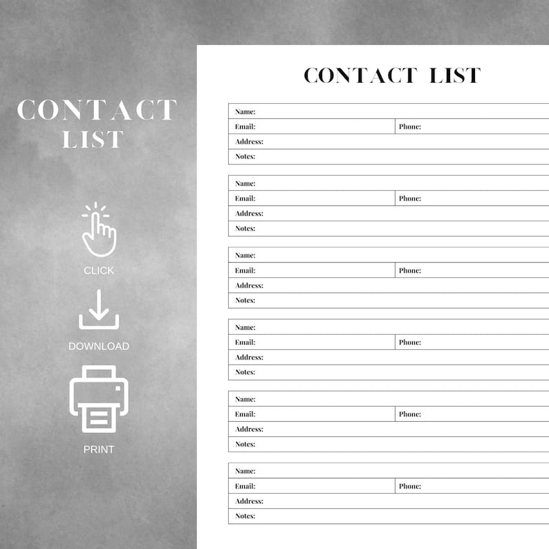 Business / Work Contacts Printable & Fillable Template PDF, Instant ...