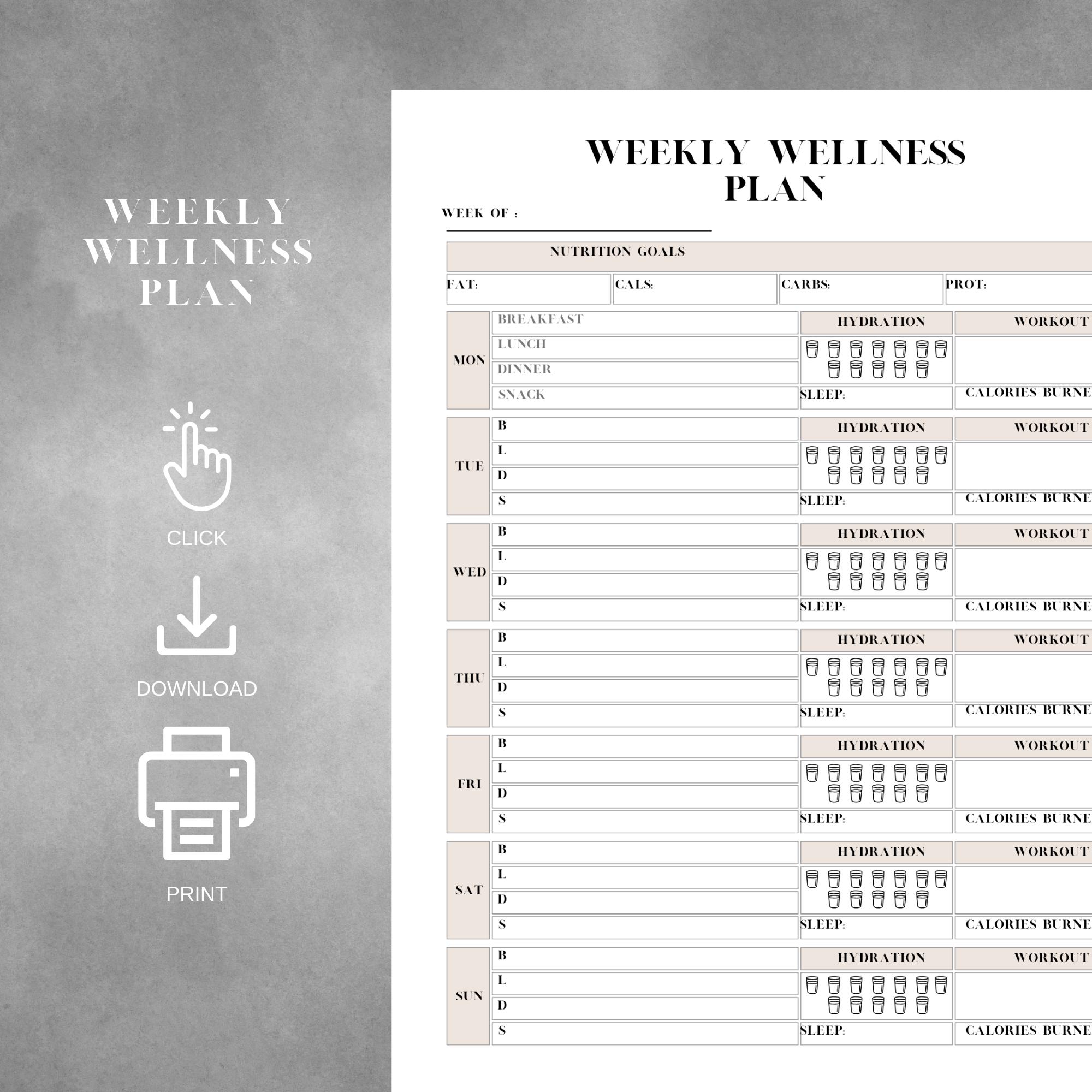 Weekly Wellness Planner | Printable Fitness Planner | Weekly Exercise ...