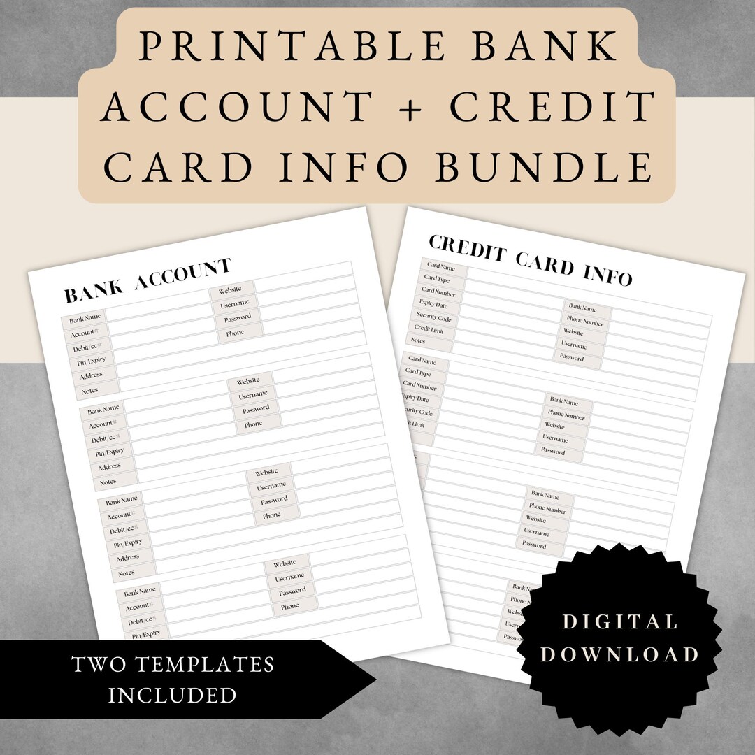 Bank Account + Credit Card Infor Bundle | Planner Insert | Journal ...