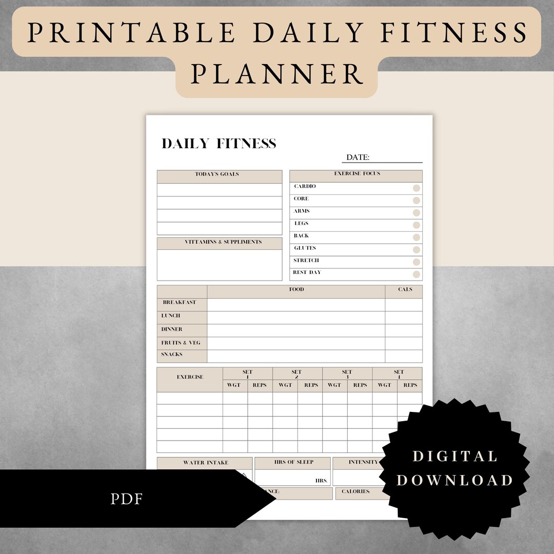 Printable Daily Fitness Planner | Workout Tracker | Exercise Log | Meal ...