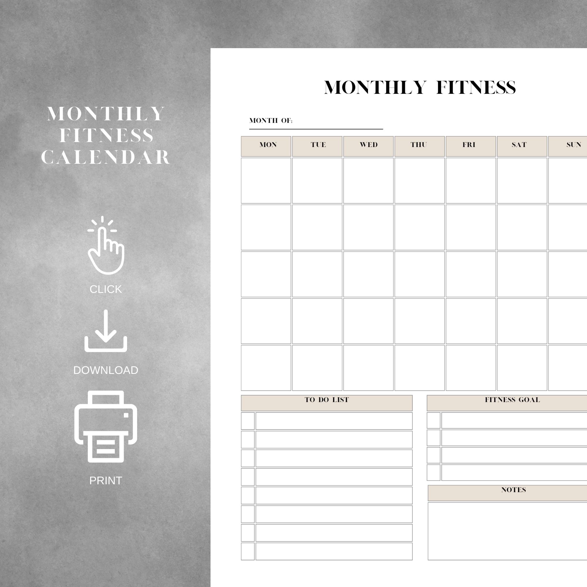 Monthly Fitness Calendar | Printable Fitness Planner | Weekly Exercise ...