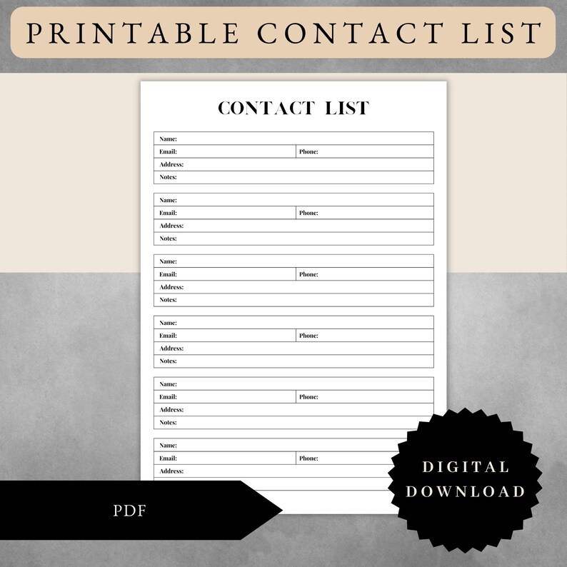 Business / Work Contacts Printable & Fillable Template PDF, Instant ...