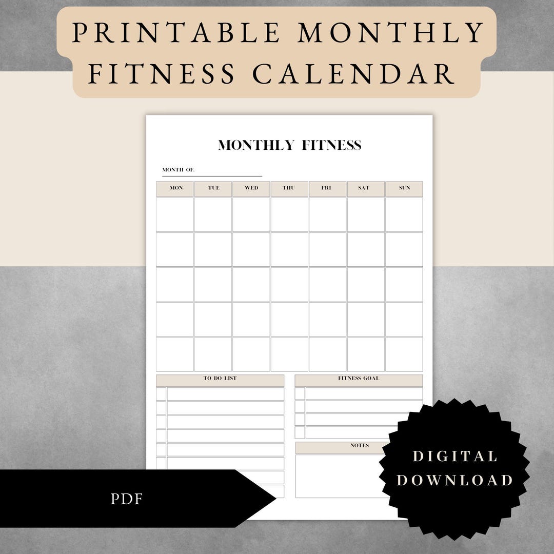 Monthly Fitness Calendar | Printable Fitness Planner | Weekly Exercise ...