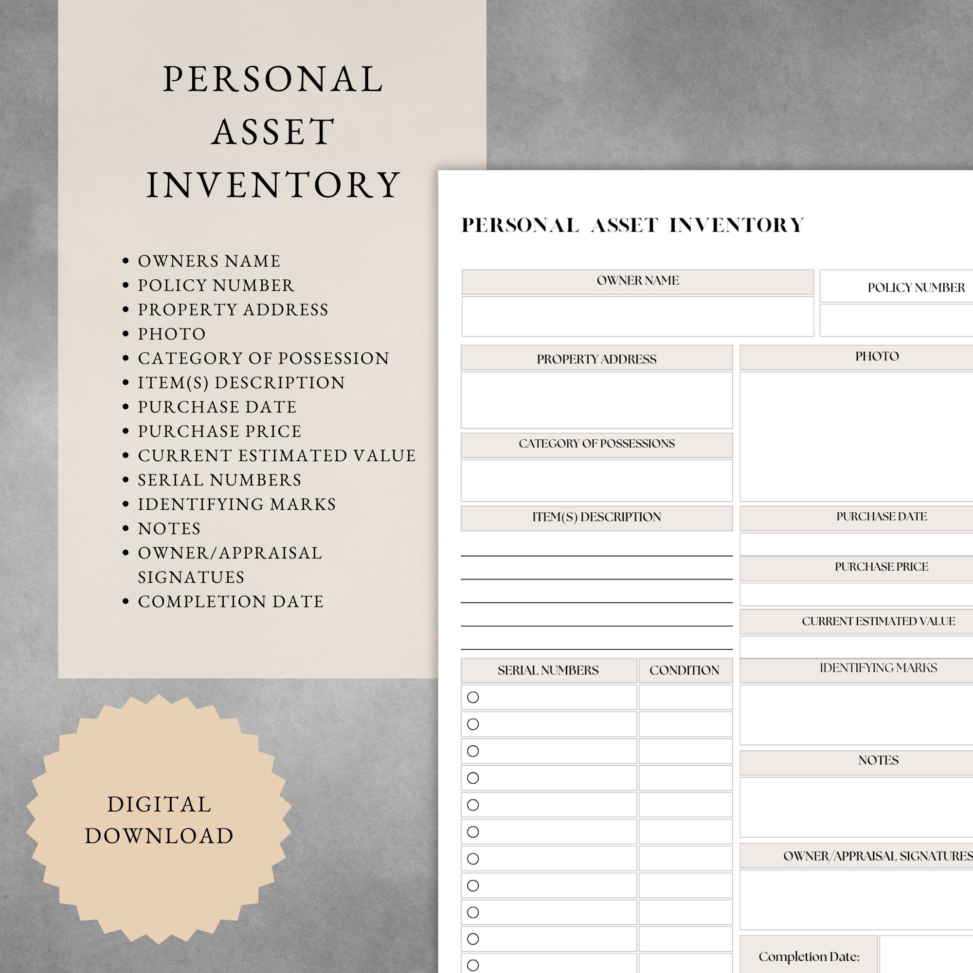 Printable Personal Asset Inventory | Home Property Tracker ...