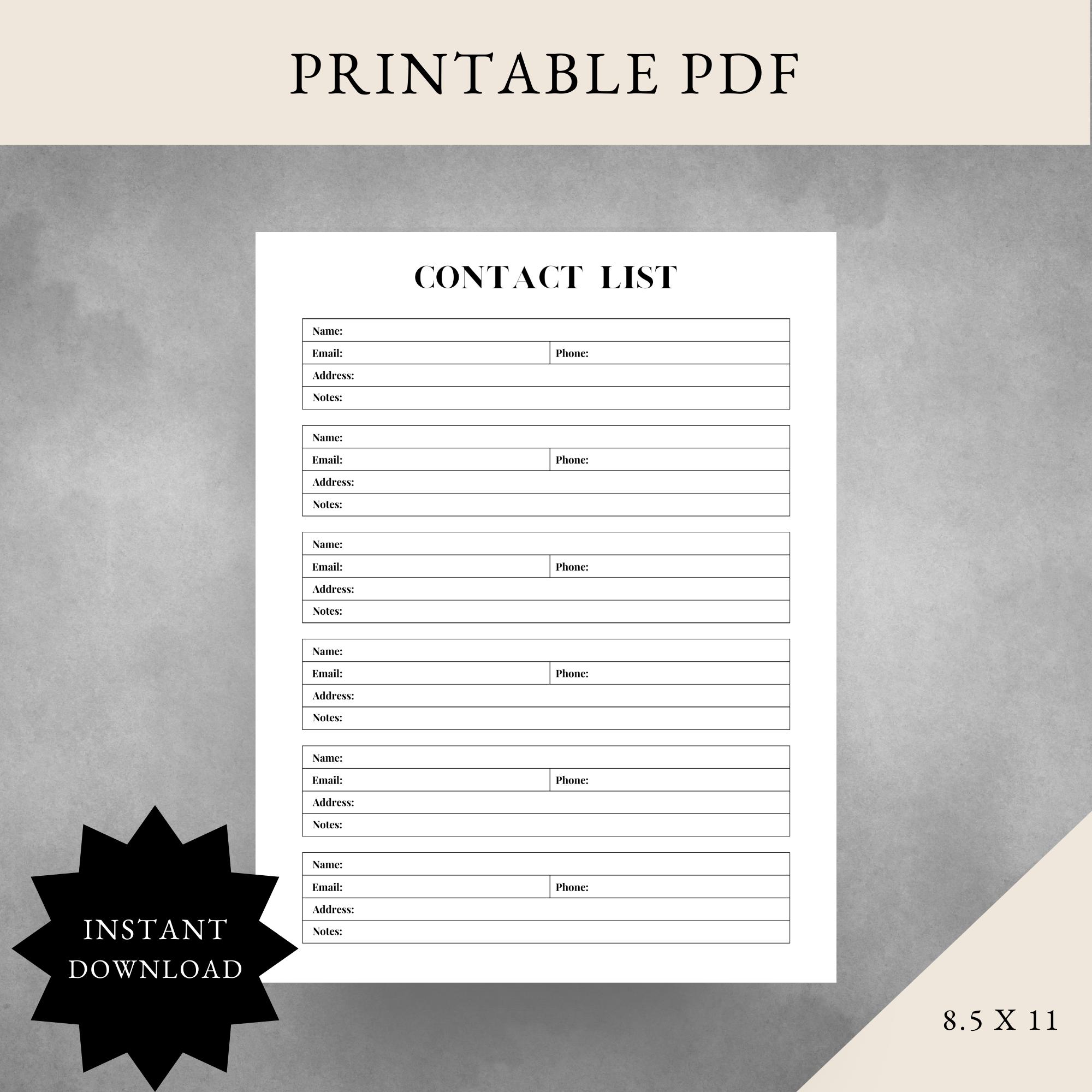 Business / Work Contacts Printable & Fillable Template PDF, Instant ...
