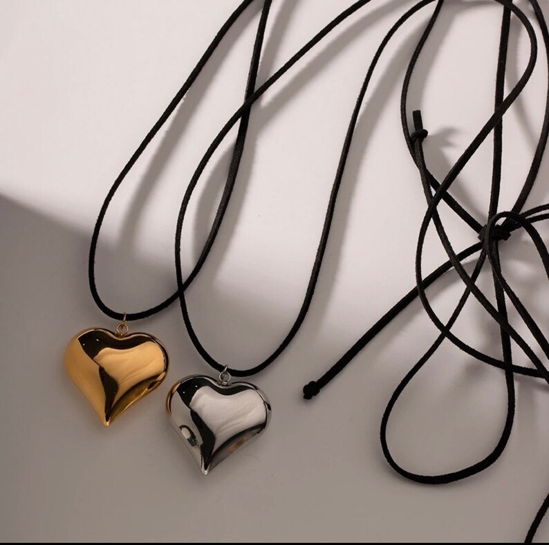 Large 3D Puffy Heart Necklace, Heart Leather Black Cord Necklace String ...