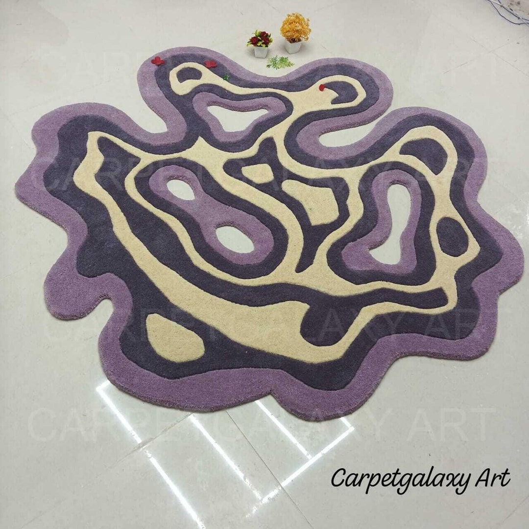 Irregular Amoeba Shaped Hand Tufted Rug, Irregular Rug, Blue Wavy Rug ...