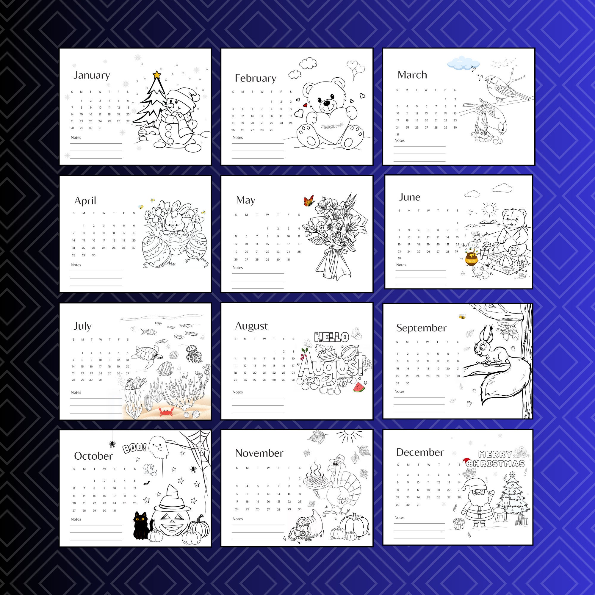 2025 Calendar Colouring Pages for Kids, Printable 12 Month Coloring ...