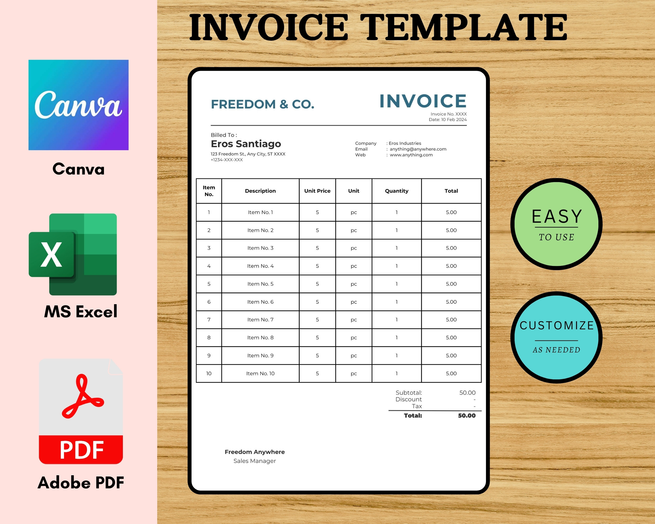 Editable Business Invoice Template, Custom Printable Invoice, Service ...