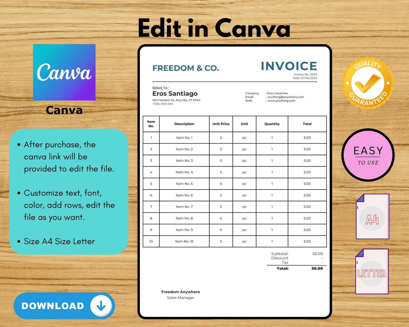 Editable Business Invoice Template, Custom Printable Invoice, Service ...