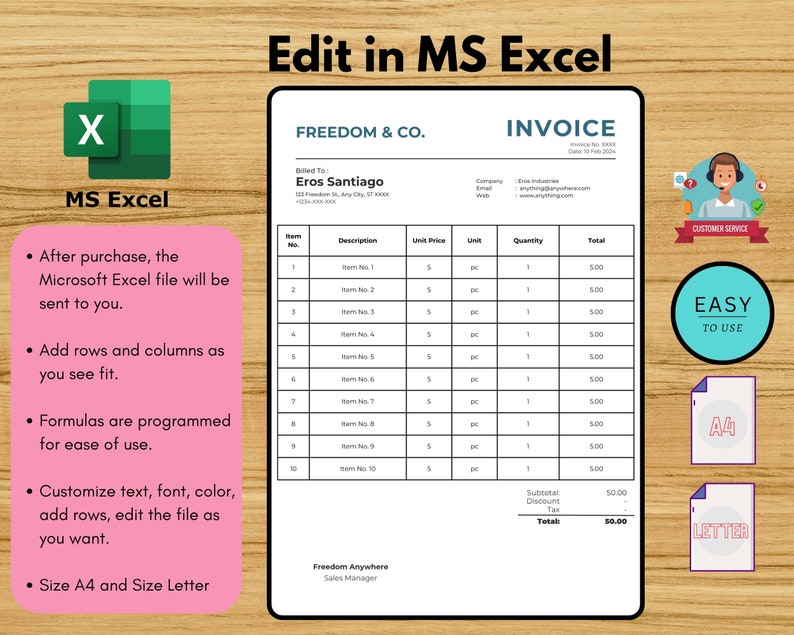 Editable Business Invoice Template, Custom Printable Invoice, Service ...