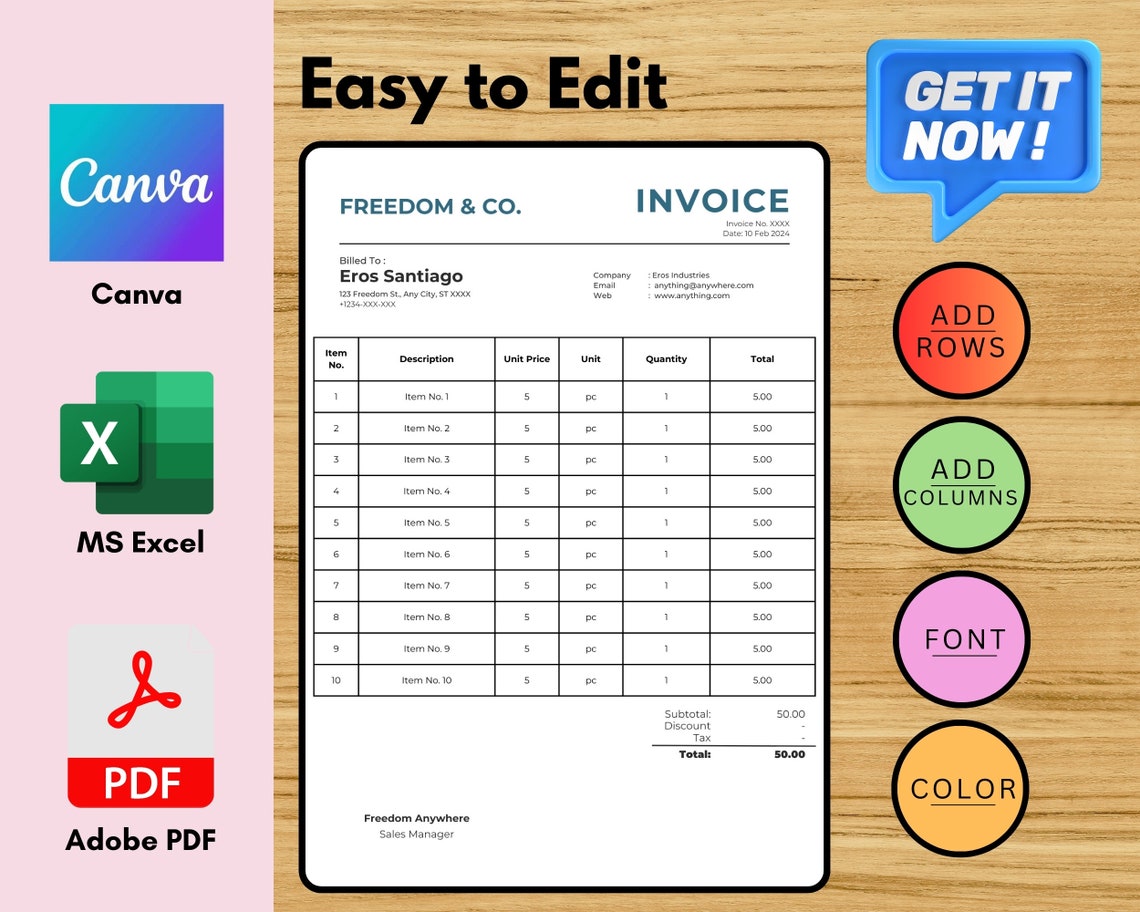 Business Invoice, Invoice Template, Custom Invoice Form, Printable ...