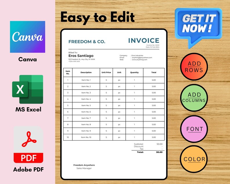 Business Invoice, Invoice Template, Custom Invoice Form, Printable ...