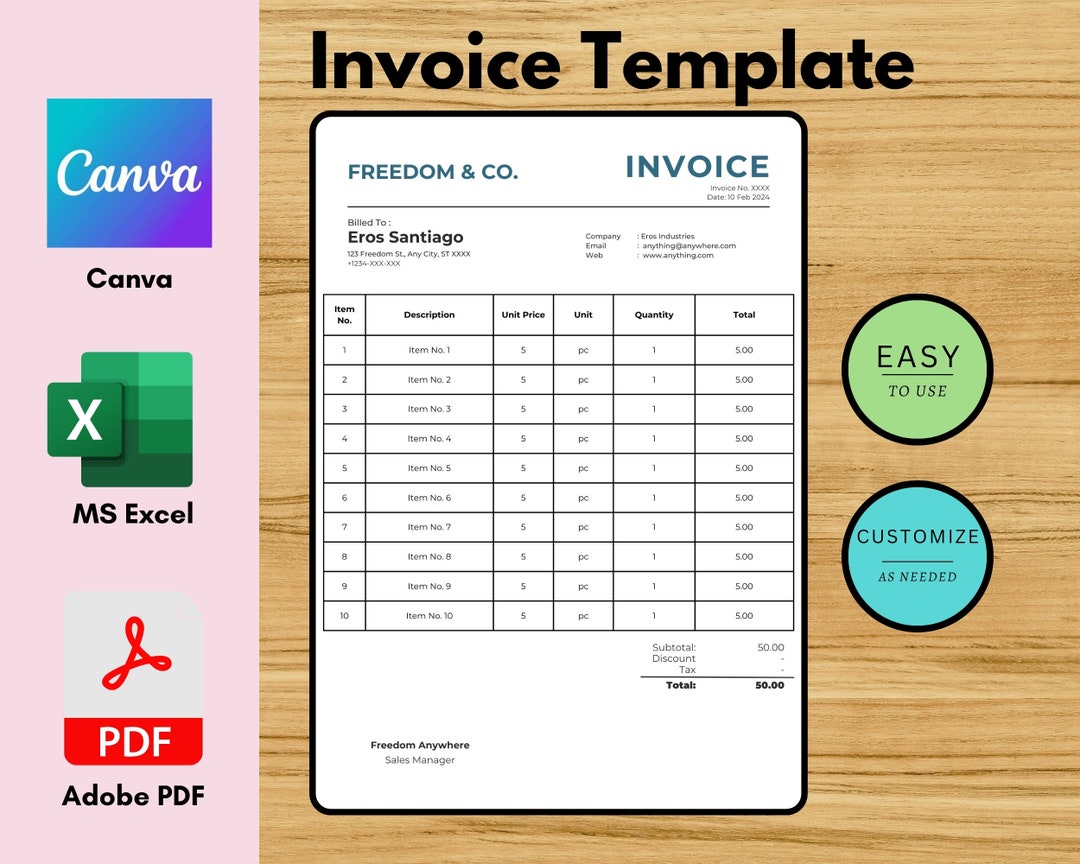 Editable Business Invoice Template, Custom Printable Invoice, Service ...