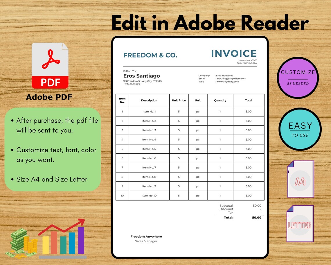Editable Business Invoice Template, Custom Printable Invoice, Service ...