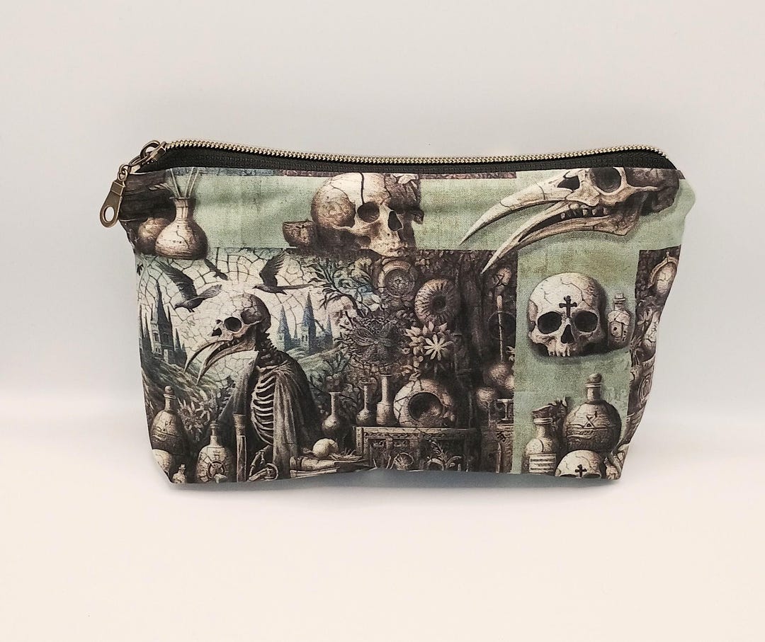 Gothic Cosmetic Makeup Bag, Creepy Skull Bird Skeleton Raven Crow ...