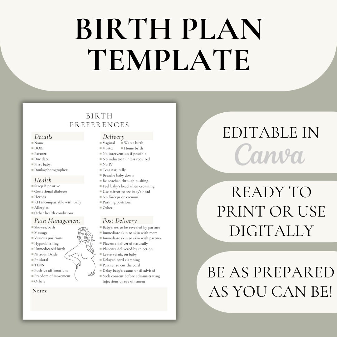 EDITABLE Birth Plan Template Birth Preferences Template Hospital Bag ...