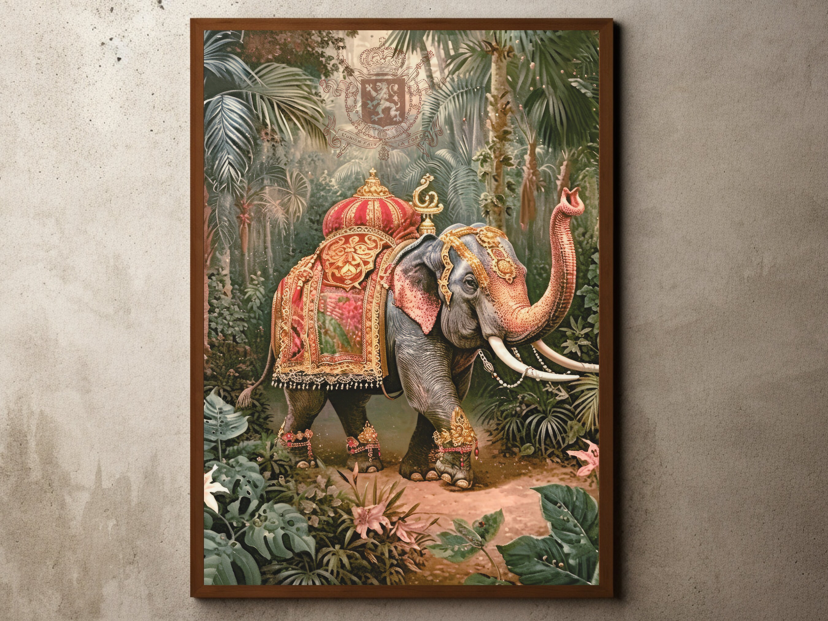Vintage Antique Colonial Postcard, Jungle Elephant Print Wall Art ...
