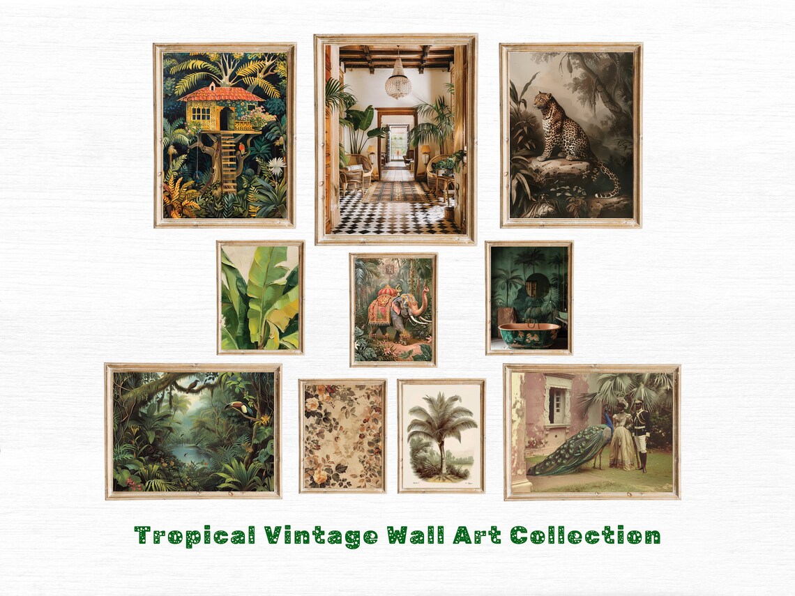 Tropical Vintage Gallery Wall Set of 10, Tropical Colonial Style Set of ...