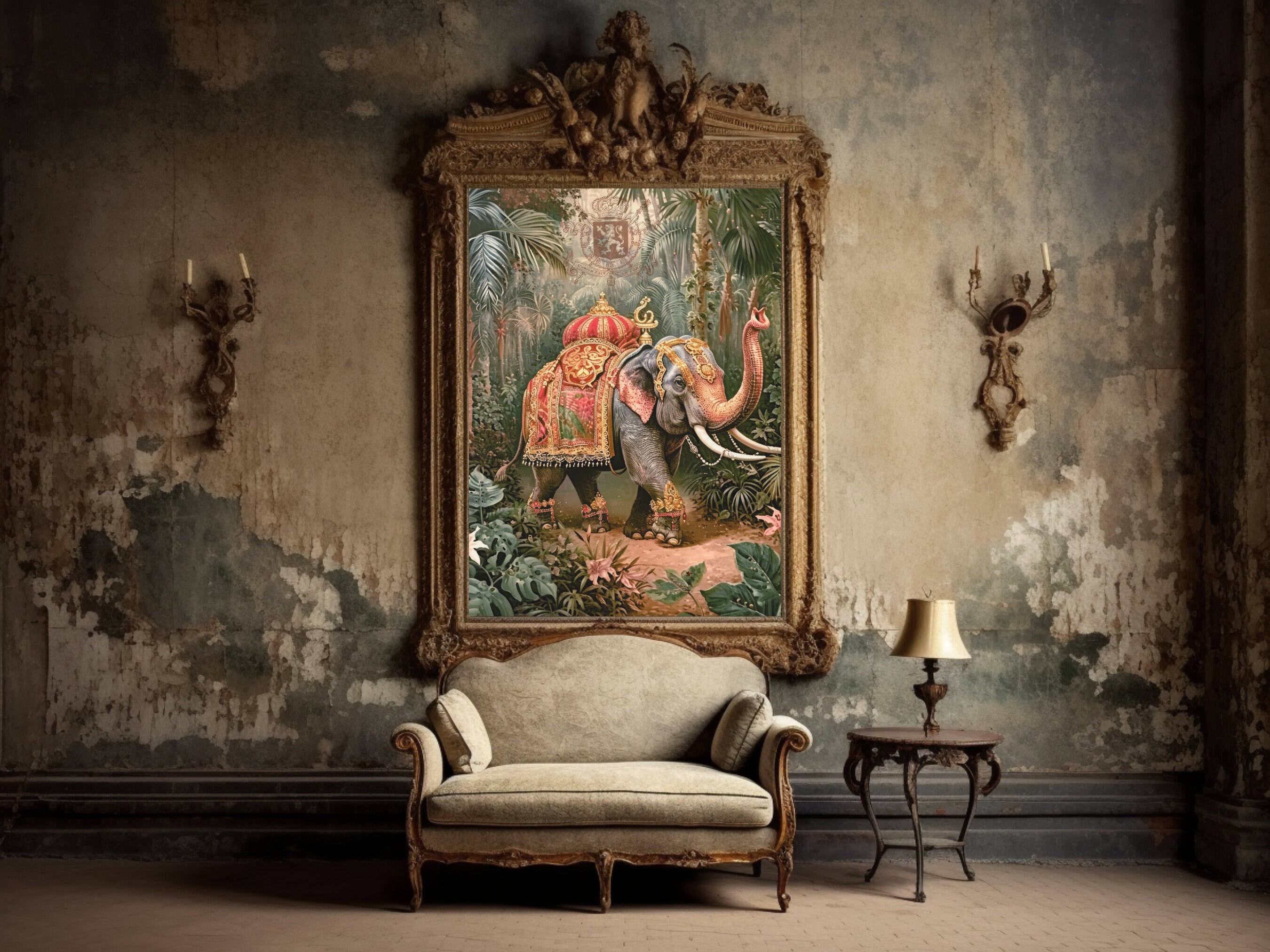 Vintage Antique Colonial Postcard, Jungle Elephant Print Wall Art ...