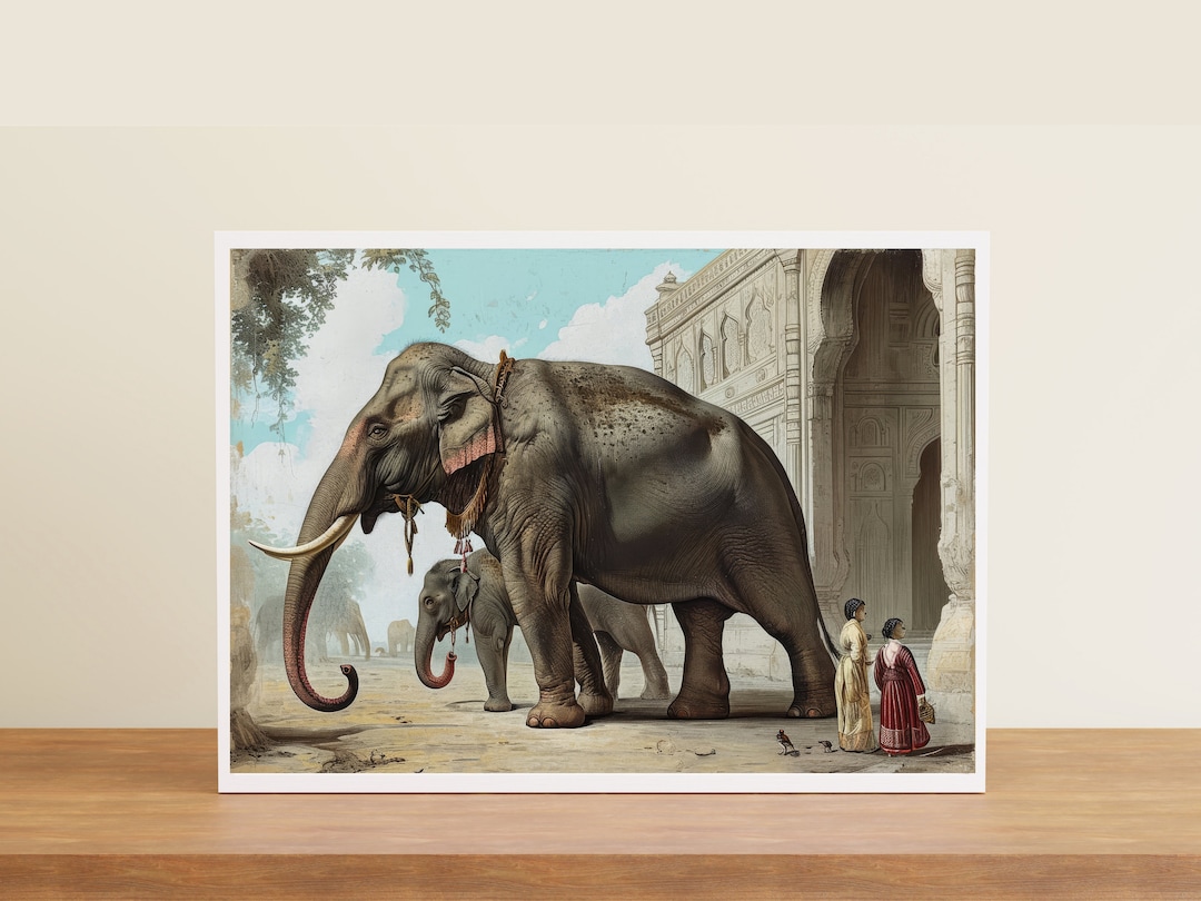 Vintage Antique Colonial Drawing, Jungle Elephant Print Wall Art ...