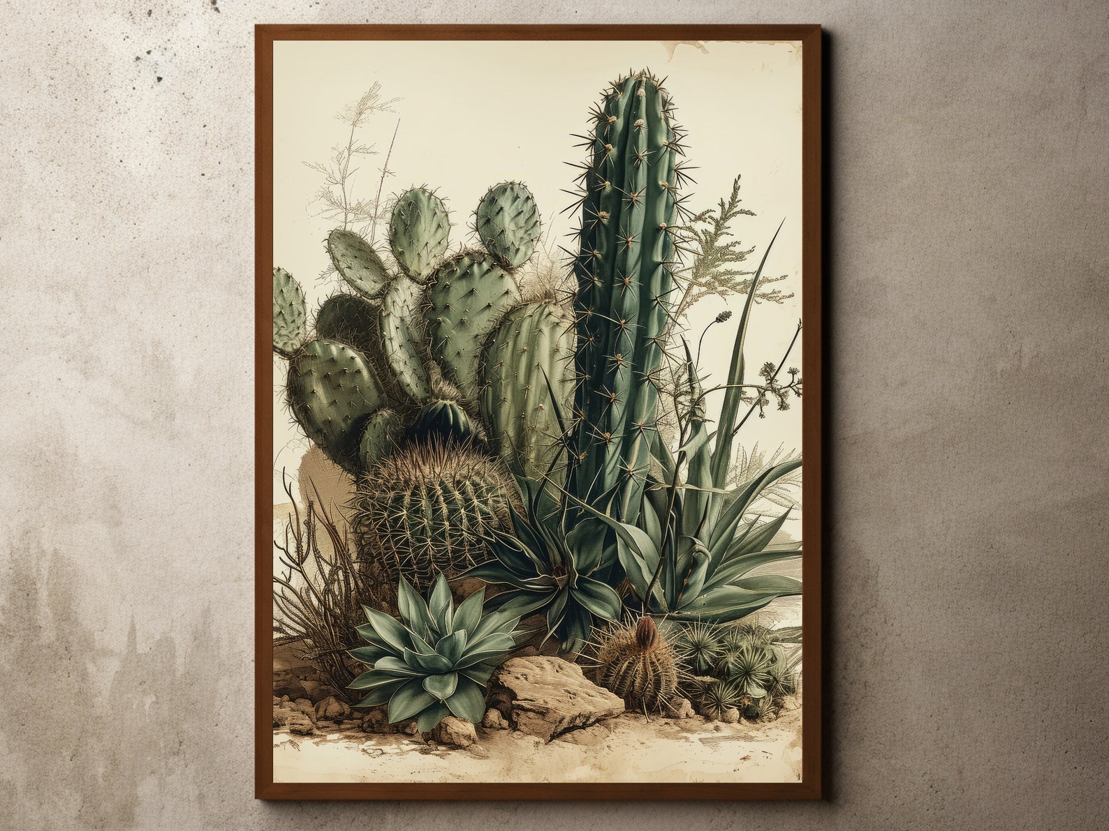 Vintage Cactus Drawing, Botanical Poster, Warm Neutral Decor, Floral ...