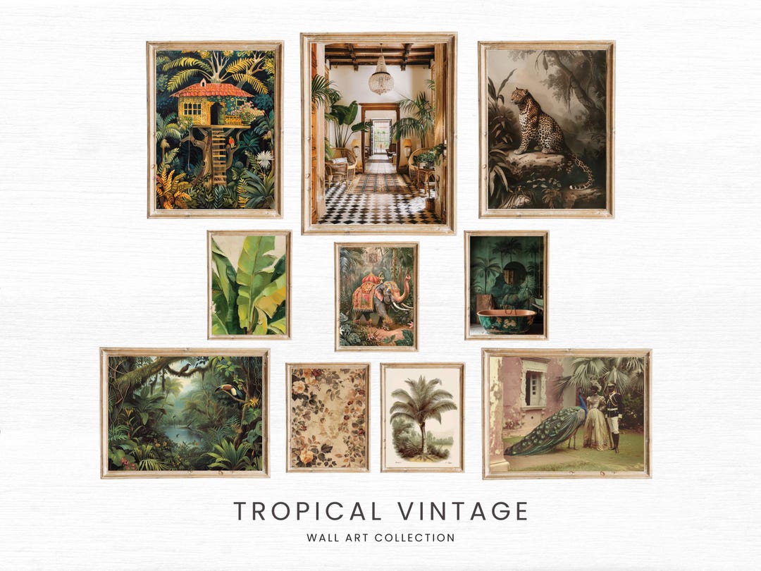 Tropical Vintage Gallery Wall Set of 10, Tropical Colonial Style Set of ...