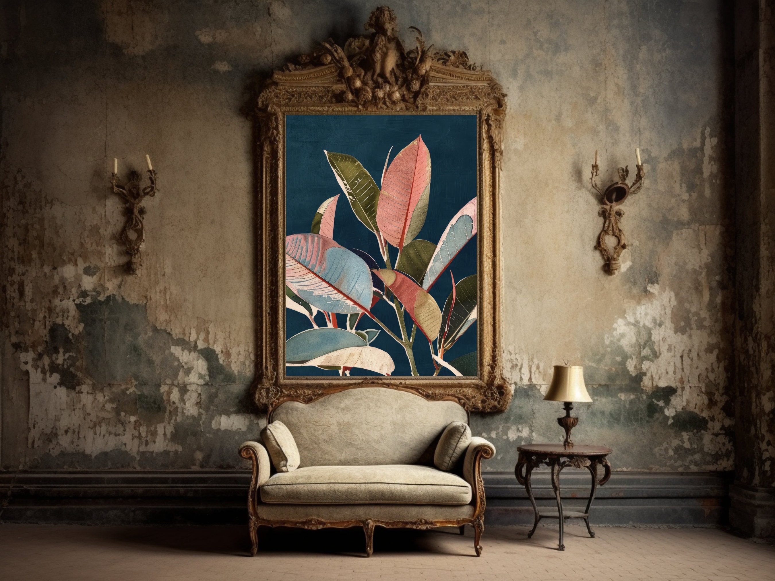 Vintage Flower Drawing, Modern Boho Art, Floral Wall Art, Navy Blue ...