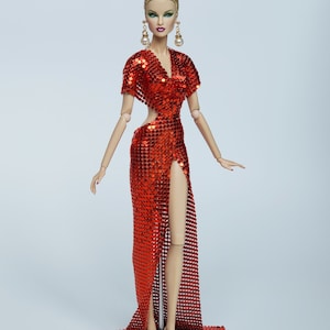 Red Metal Mesh Halter Gala Dress Gown Outfit for Fashion Royalty Doll ...