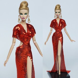 Red Metal Mesh Halter Gala Dress Gown Outfit for Fashion Royalty Doll ...