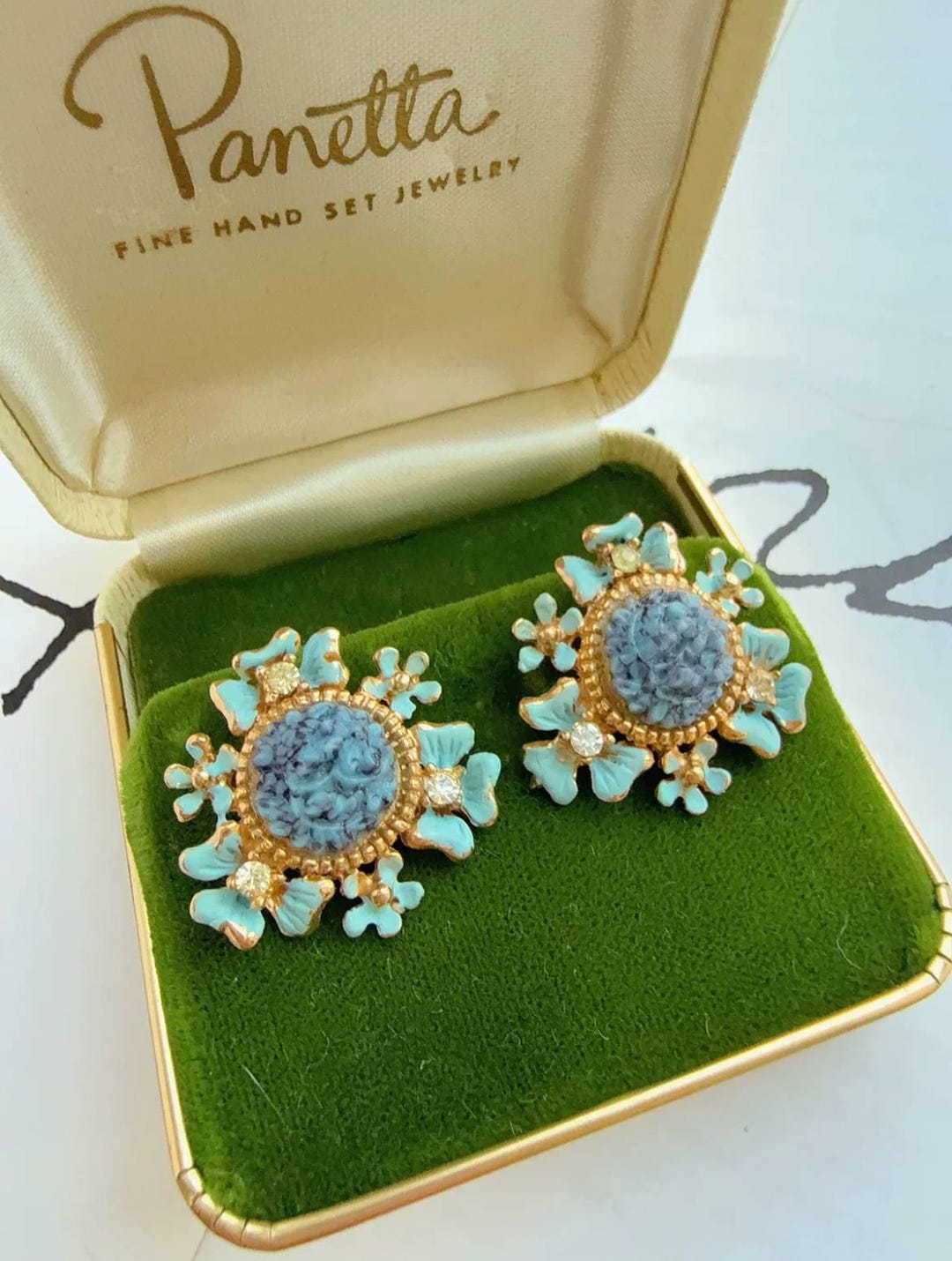 Vintage Panetta Enamel & Embossed Clip-on Earrings — Blue Floral Rococo ...