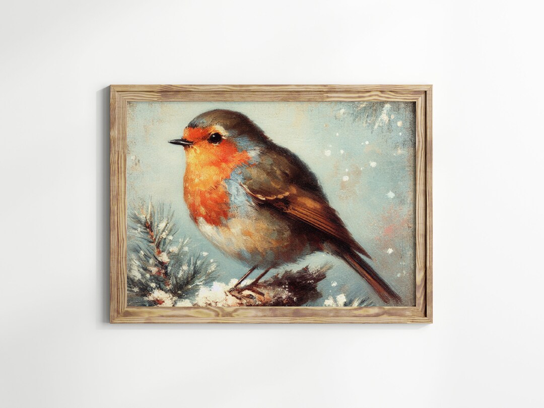 Vintage Style Wall Art European Robin Painting Winter Snow Scene ...