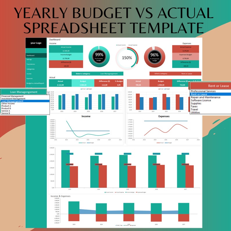 Yearly Budget Vs Actual Excel Template: Financial Tracking - Etsy