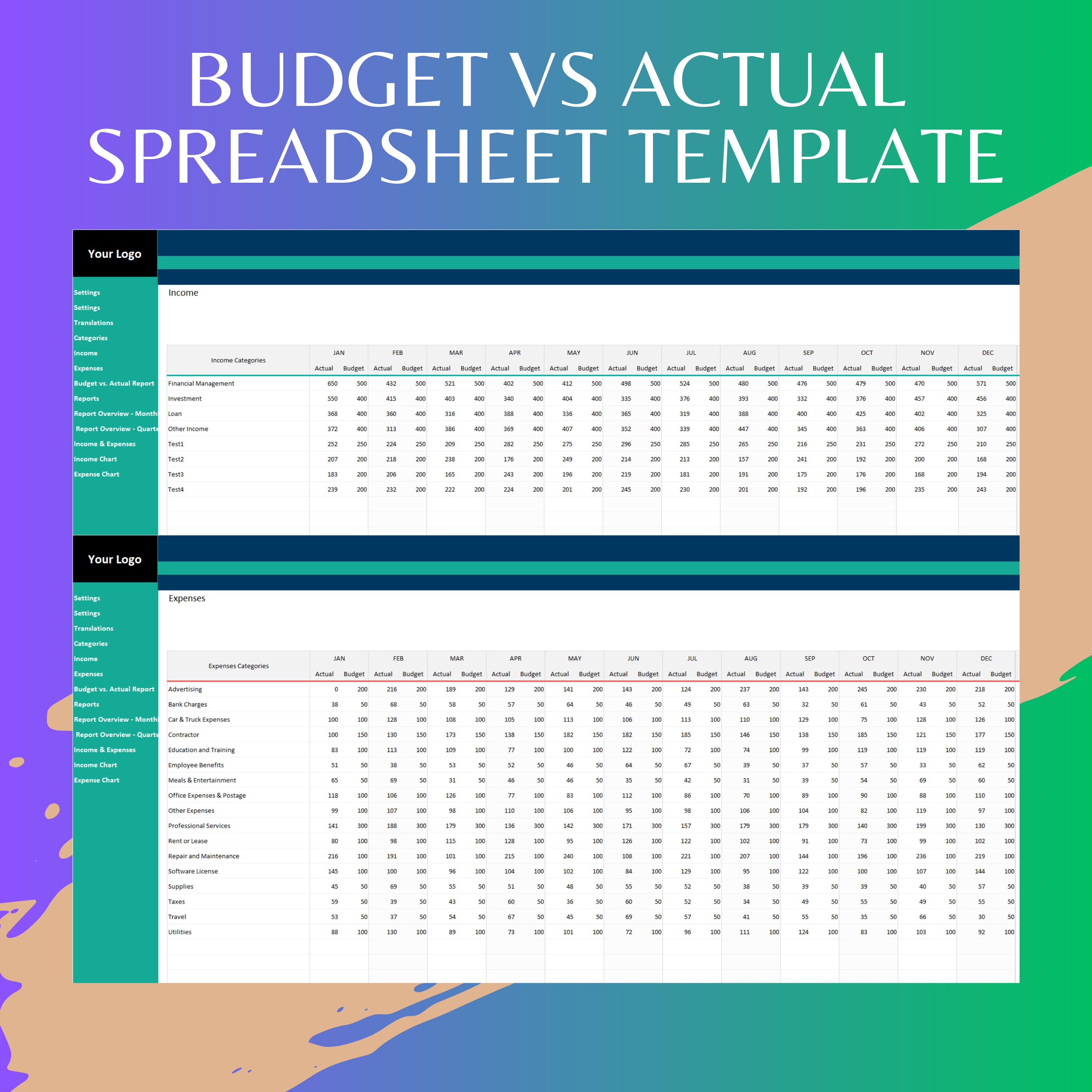 Budget Vs Actual Excel Template: Financial Analysis Spreadsheet - Etsy