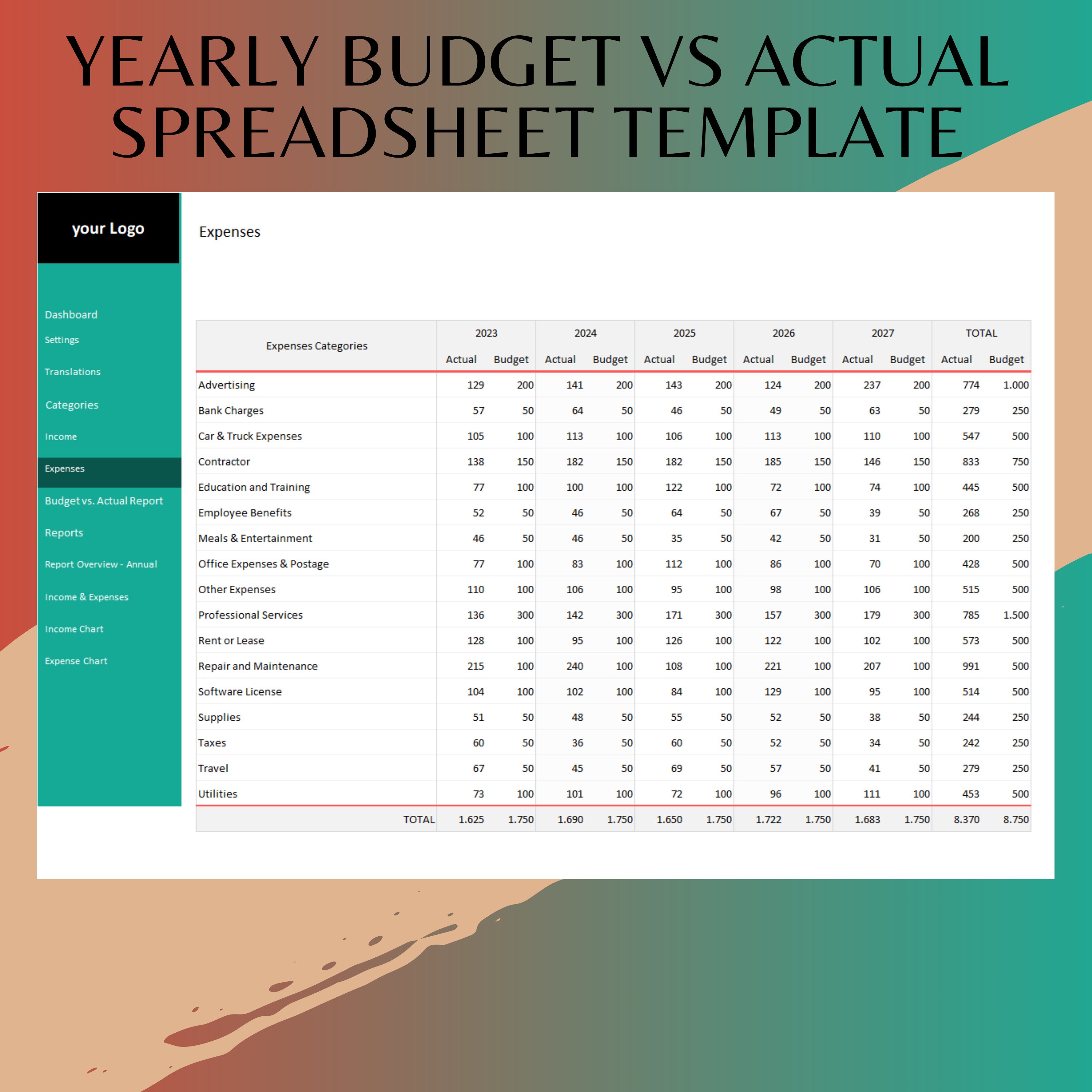 Yearly Budget Vs Actual Spreadsheet Template - Financial Comparison ...