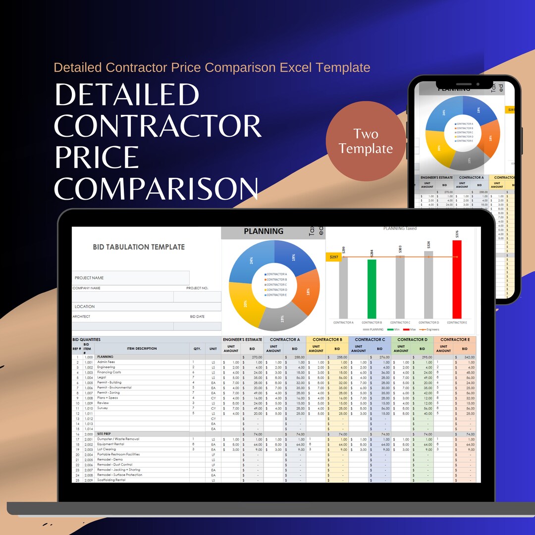 Contractor Price Comparasion Excel Template. Bid Tabulation Detailed ...