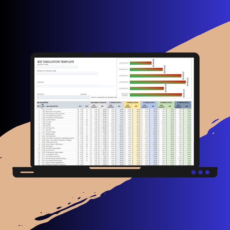 Contractor Price Comparasion Excel Template. Bid Tabulation Detailed ...